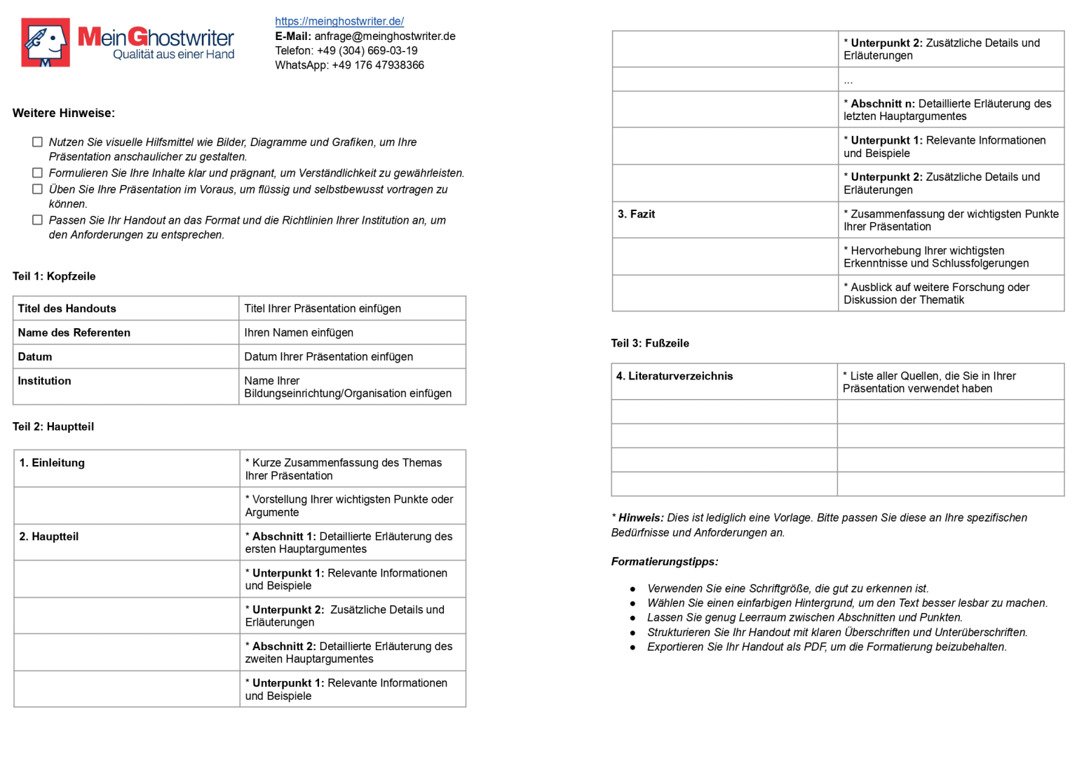Handout Muster: Vorlagen und Tipps für effektive Präsentationen